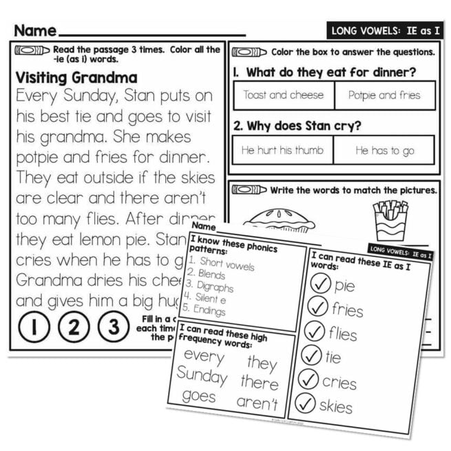 1st Grade Decodable Phonics Passage - Long Vowels - IE as I - Lucky ...