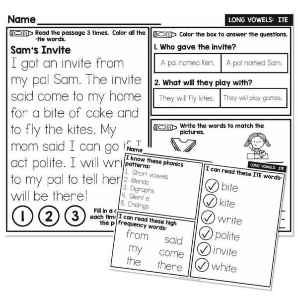1st Grade Decodable Phonics Passage - Long Vowels - ITE - Lucky Little ...