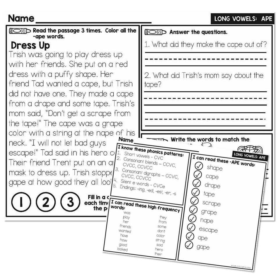 2nd Grade Decodable Phonics Passage - Long Vowels - APE - Lucky Little ...