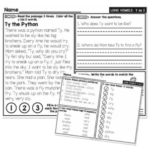2nd Grade Decodable Phonics Passage - Long Vowels - Y as I - Lucky ...