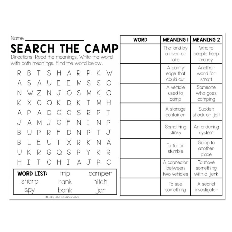 Camp Read a Lot - Search the Camp Word Search - Lucky Little Learners