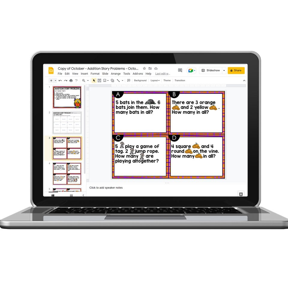 Digital - 1st Grade October Math Center - Addition Story Problems ...