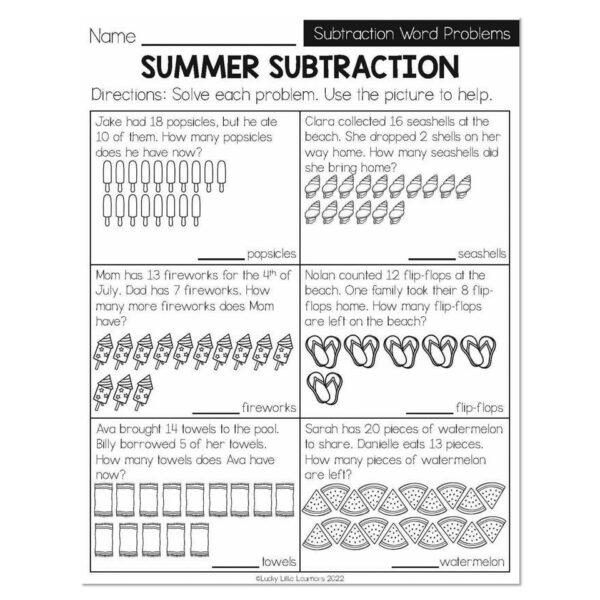 Summer - Early Finishers 1st Grade - Math - Subtraction Word Problems ...