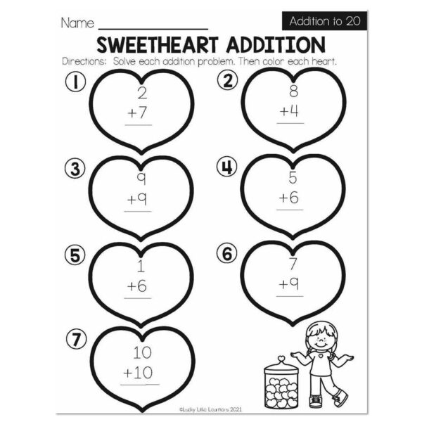Winter - Early Finishers 1st Grade - Math - Addition to 20 - Sweetheart ...