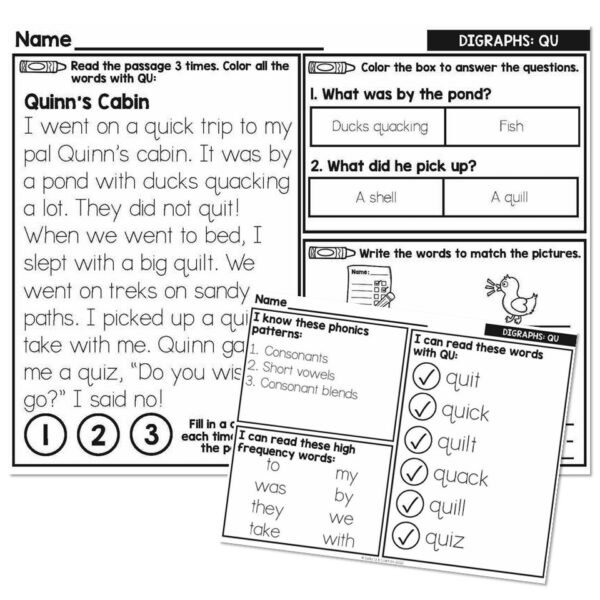 1st Grade Decodable Phonics Passage - Digraphs - QU - Lucky Little Learners
