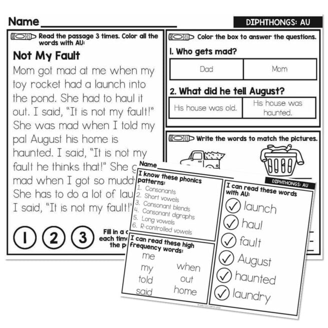1st Grade Decodable Phonics Passage - Diphthongs - AU - Lucky Little ...