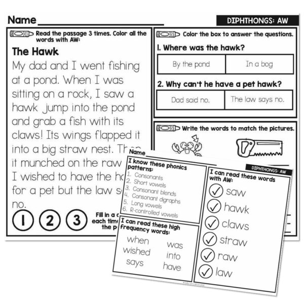 1st Grade Decodable Phonics Passage - Diphthongs - AW - Lucky Little ...