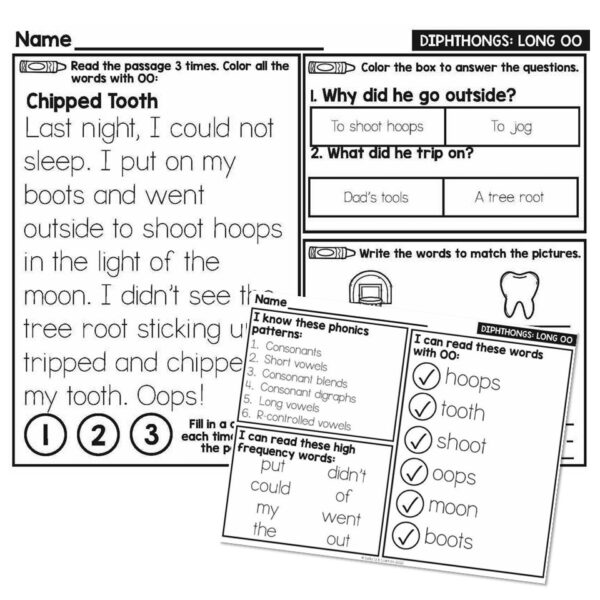 1st Grade Decodable Phonics Passage - Diphthongs - Long OO - Lucky ...