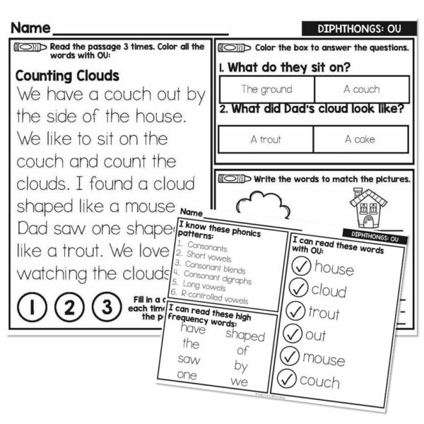 1st Grade Decodable Phonics Passage - Diphthongs - OU - Lucky Little ...