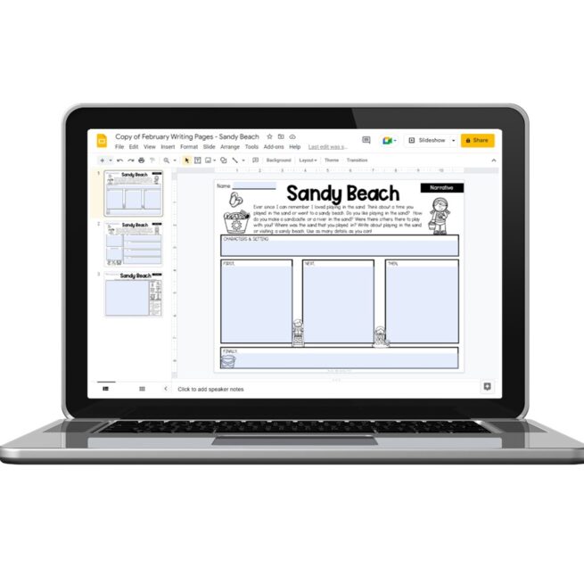 Digital - February Writing Pages - Narrative - Sandy Beach - Lucky ...