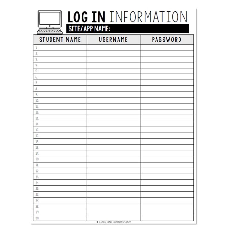 Classroom Setup - Visuals - Student Login Card - Lucky Little Learners