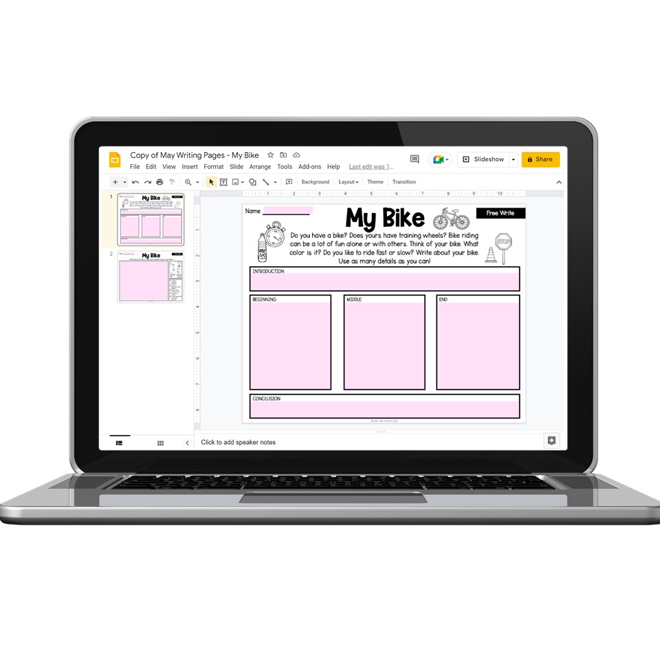 Digital - May Writing Pages - Free Write - My Bike - Lucky Little Learners