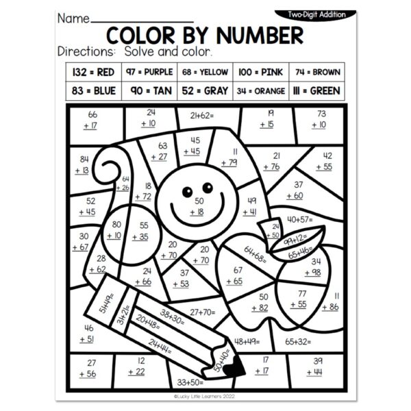 2-Digit Addition Fall Color by Number - Sack Lunch - Lucky Little Learners