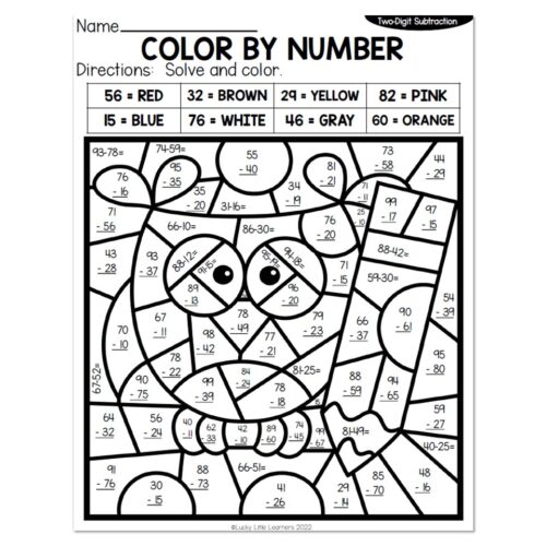 2-Digit Subtraction Fall Color by Number - Owl and Pencil - Lucky ...