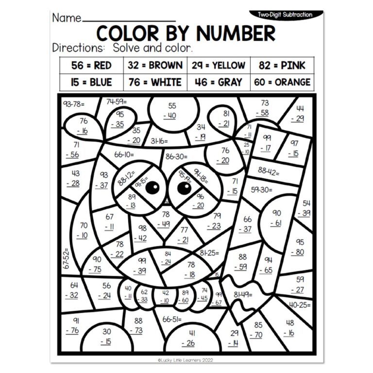 2-Digit Subtraction Fall Color by Number - Owl and Pencil - Lucky ...
