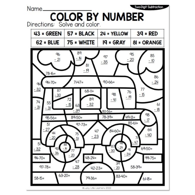 2-Digit Subtraction Fall Color by Number - School Bus - Lucky Little ...