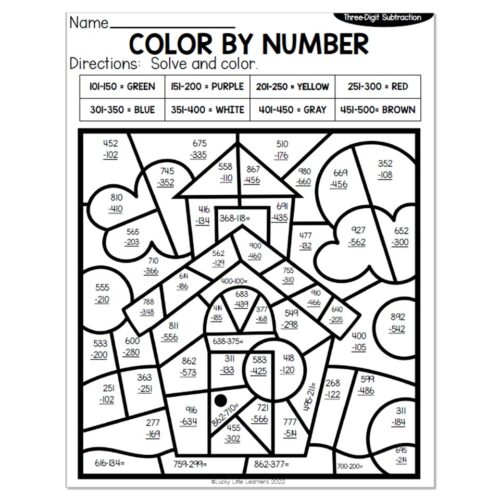 3-Digit Subtraction Fall Color by Number - School Building - Lucky ...