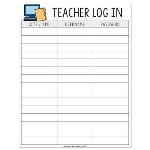 Classroom Setup - Back to School Resources - Teacher Login Information ...