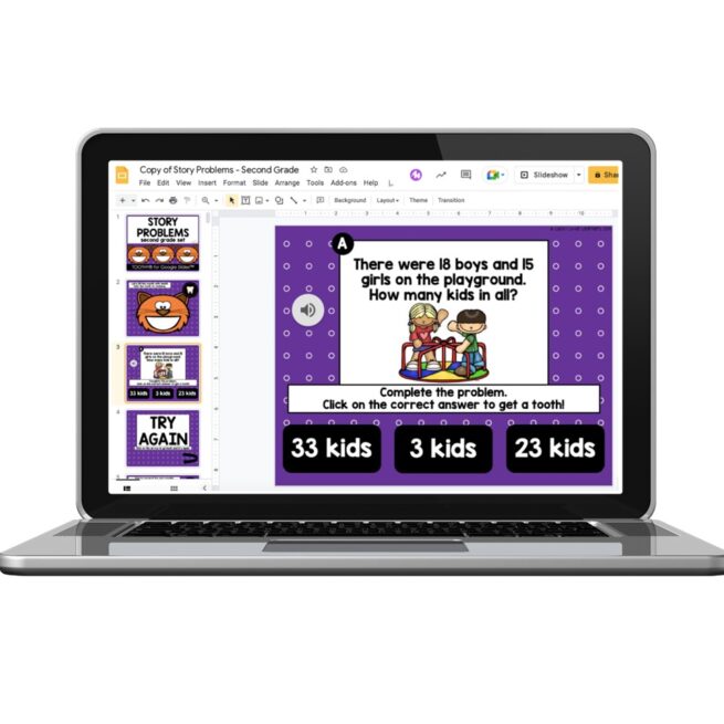 Digital - 1st & 2nd Grade - Math Toothy® Task Cards - Story Problems ...