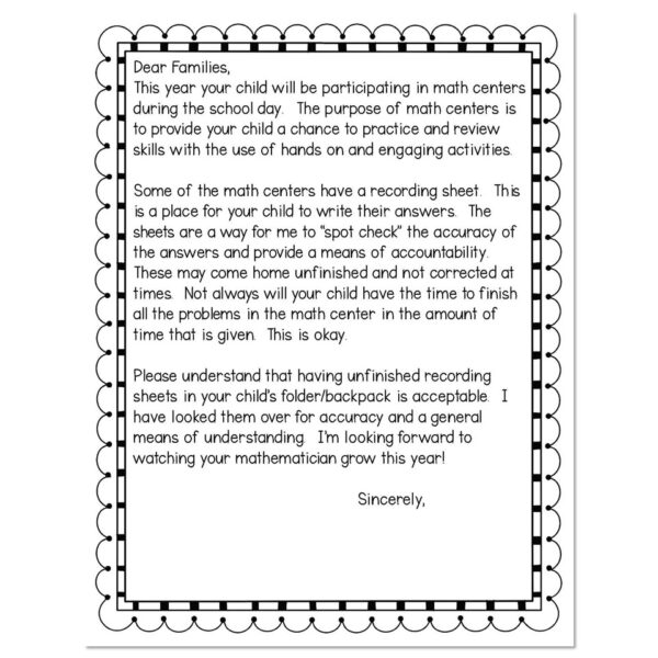 Math Centers - Letter for Parents - Lucky Little Learners