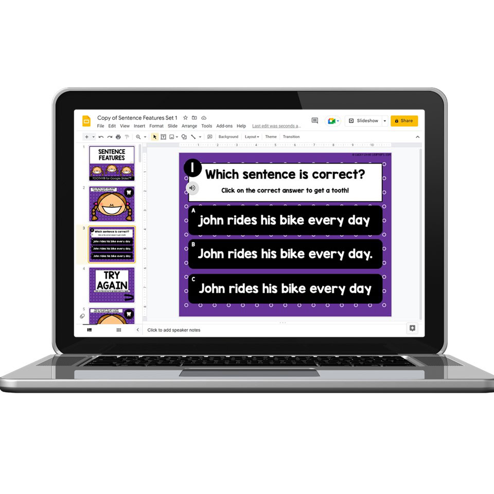 Digital Toothy - Reading Comprehension - 1st Grade - Sentence Features ...