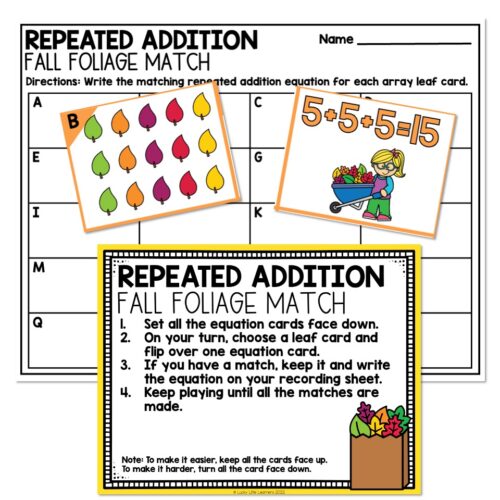 2nd Grade November Math Center - Fall Foliage Match - Repeated Addition ...