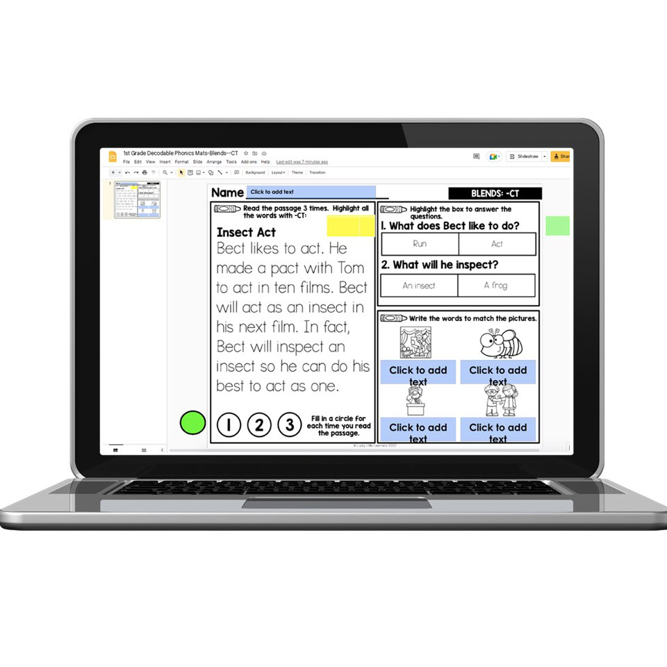 Digital 1st Grade Decodable Phonics Passage - Blends - CT - Lucky ...