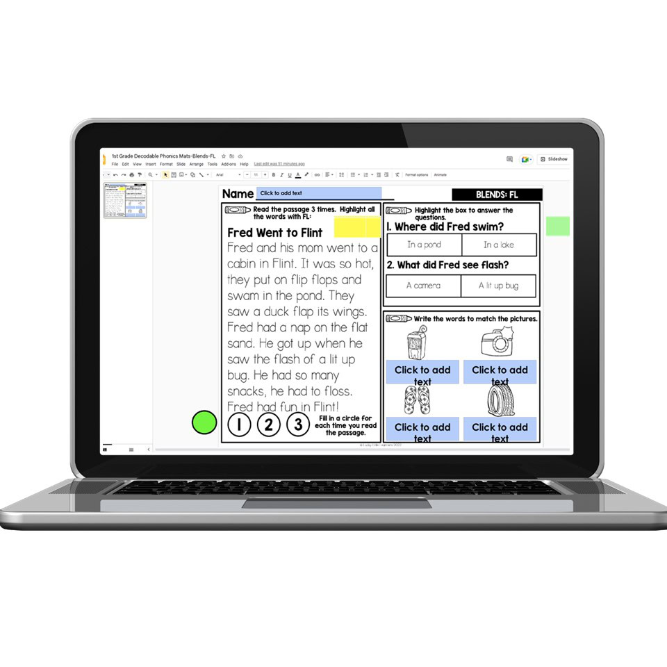 Digital 1st Grade Decodable Phonics Passage - Blends - FL - Lucky ...
