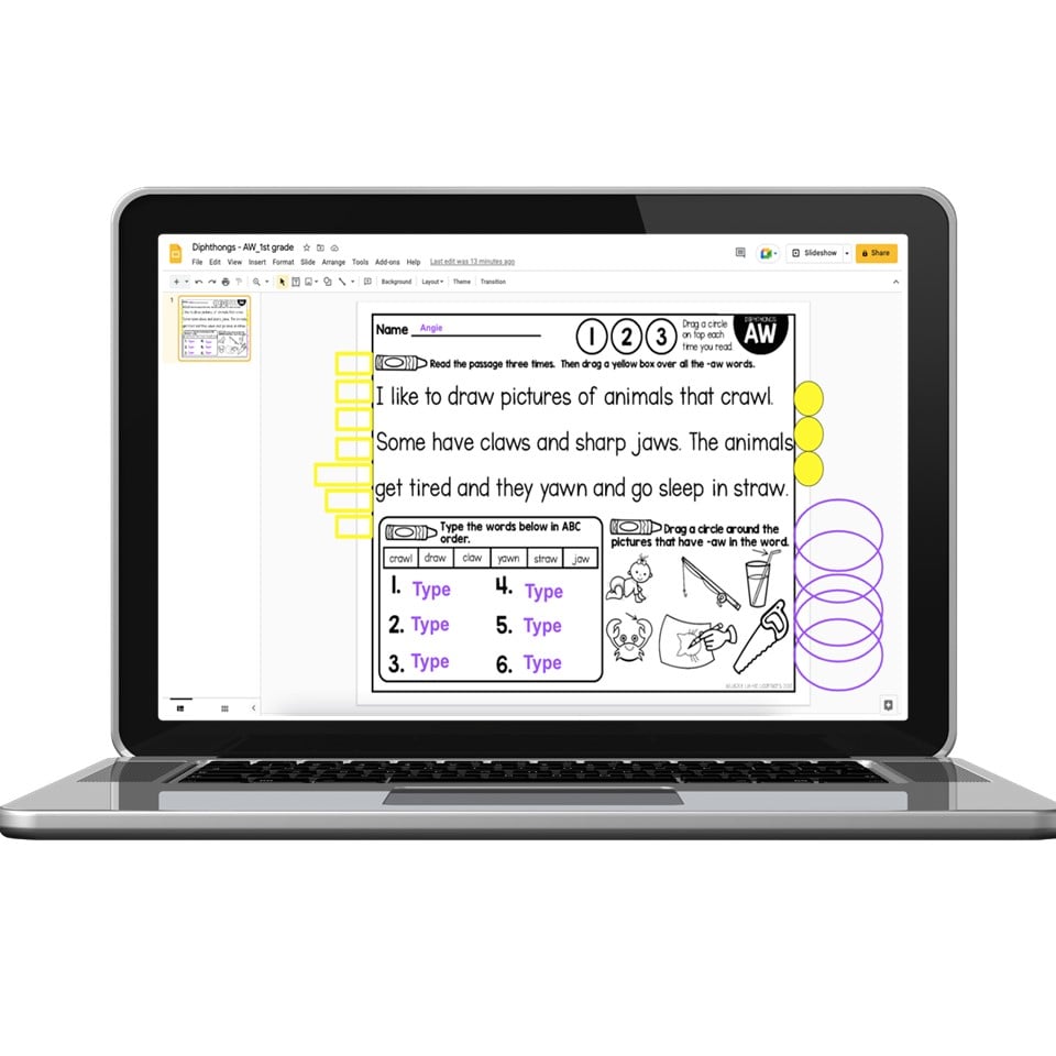 Digital 1st Grade Phonics Mats - Diphthongs - AW - Lucky Little Learners