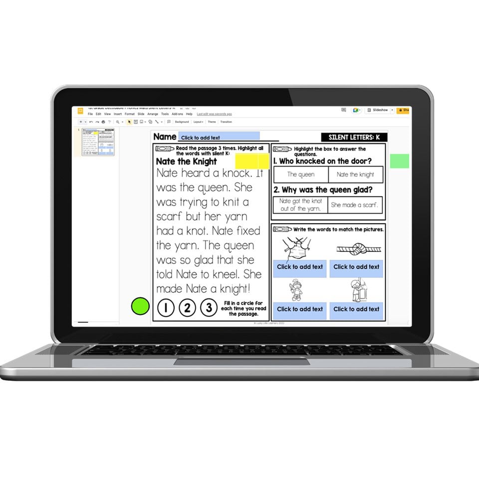 Digital 1st Grade Decodable Phonics Passages - Silent Letters - K ...