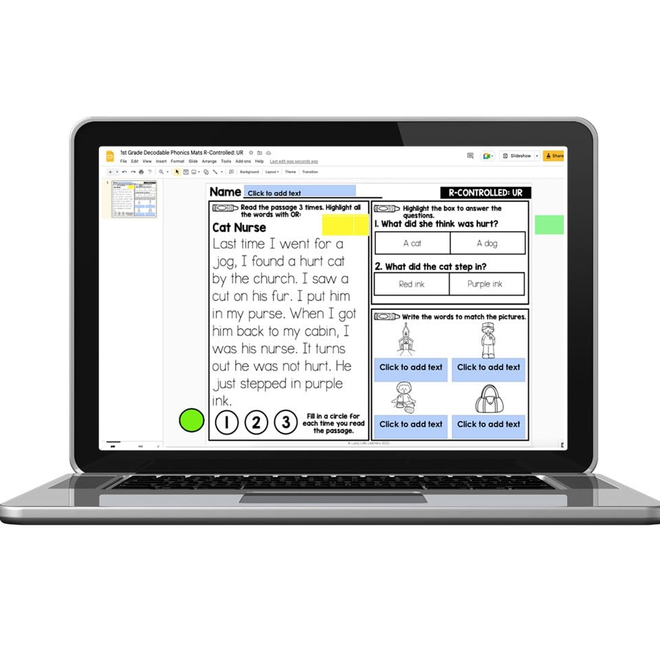 Digital 1st Grade Decodable Phonics Passages - R-Controlled Vowels - UR ...