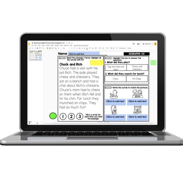 Digital 1st Grade Decodable Phonics Passage - Digraphs - CH - Lucky ...