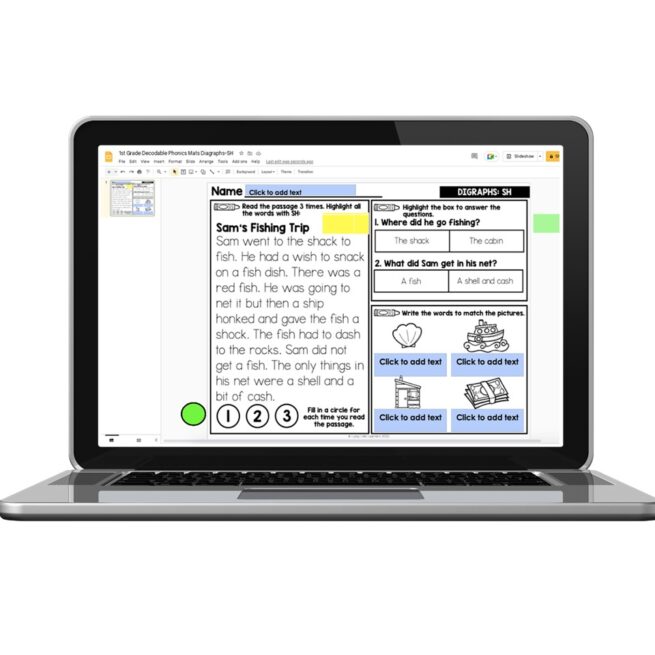 Digital 1st Grade Decodable Phonics Passage - Digraphs - SH - Lucky ...