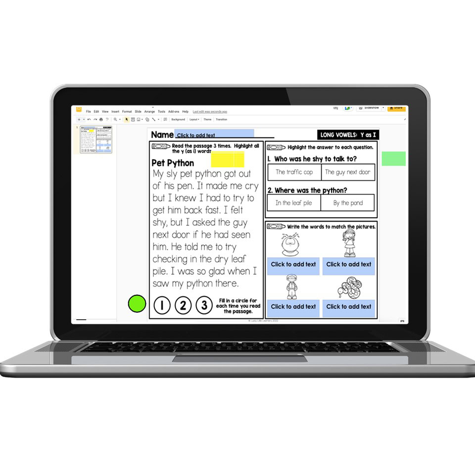 Digital 1st Grade Decodable Phonics Passage - Long Vowels - Y as I ...
