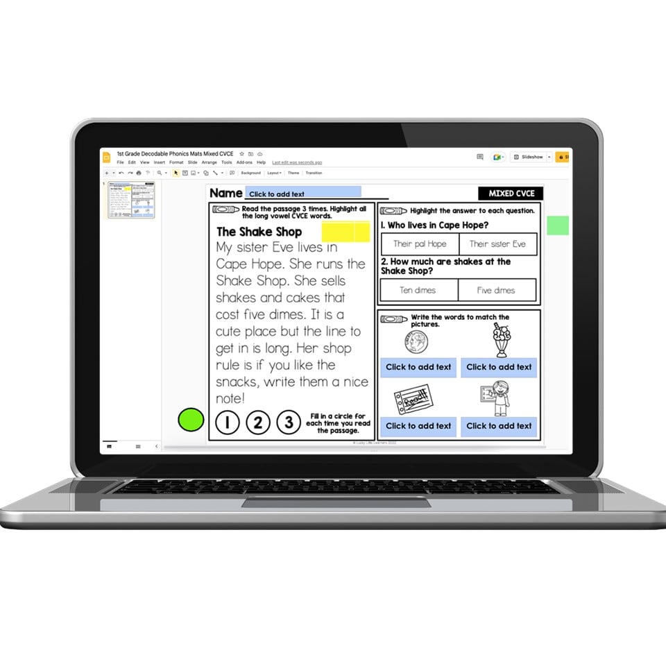Digital 1st Grade Decodable Phonics Passage - Mixed CVCE - Lucky Little ...
