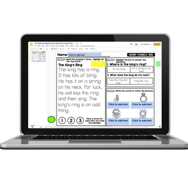 Digital 1st Grade Decodable Phonics Passages - Short Vowels - ING ...