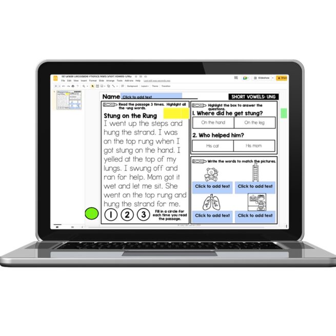 Digital 1st Grade Decodable Phonics Passages - Short Vowels - UNG ...