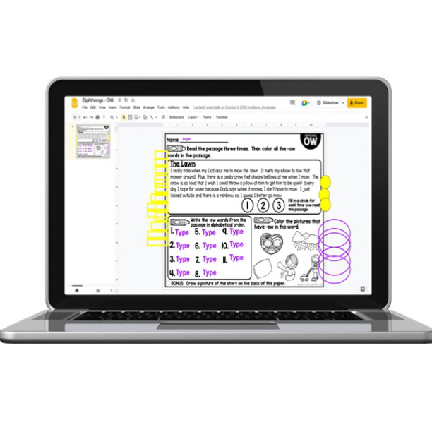 Digital 2nd Grade Phonics Mats - Diphthongs - OW - Lucky Little Learners