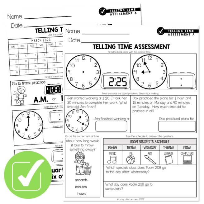 Lucky to Learn Math - Telling Time - Unit 5 - Assessment A - Lucky ...
