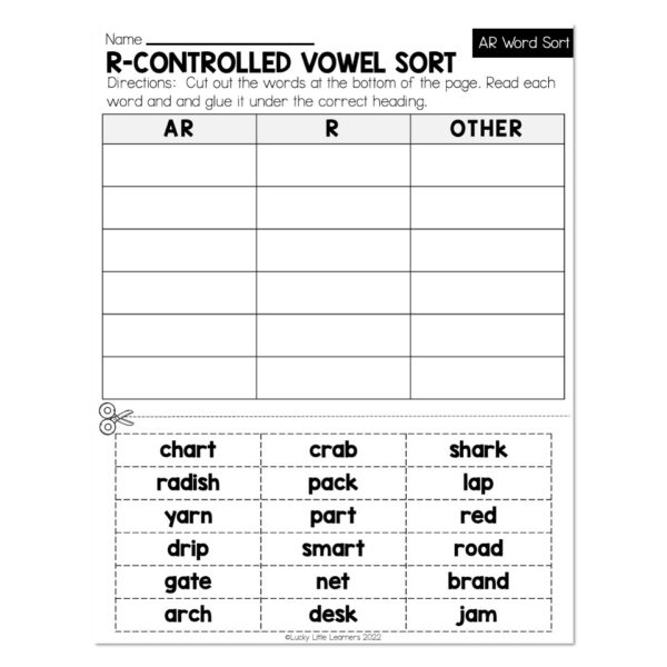 R-Controlled Vowels Pack - AR Word Sort - Lucky Little Learners