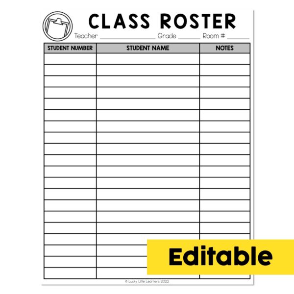 Sub Plans - Editable Class Roster - Lucky Little Learners