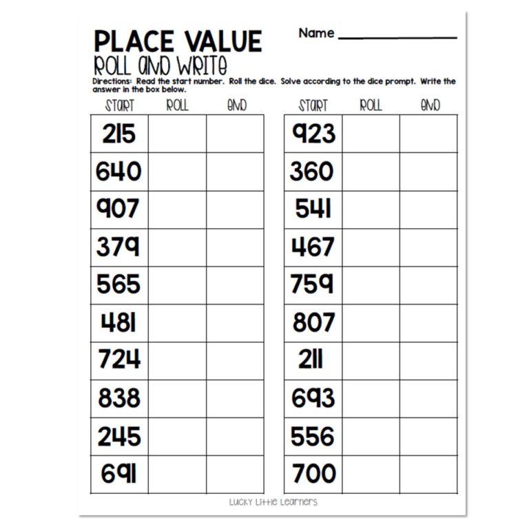 Place Value Roll and Write - Lucky Little Learners
