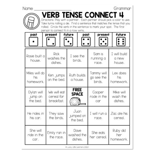Sub Plans - End of Year - Grammar - Verb Tense Connect Four - Lucky ...