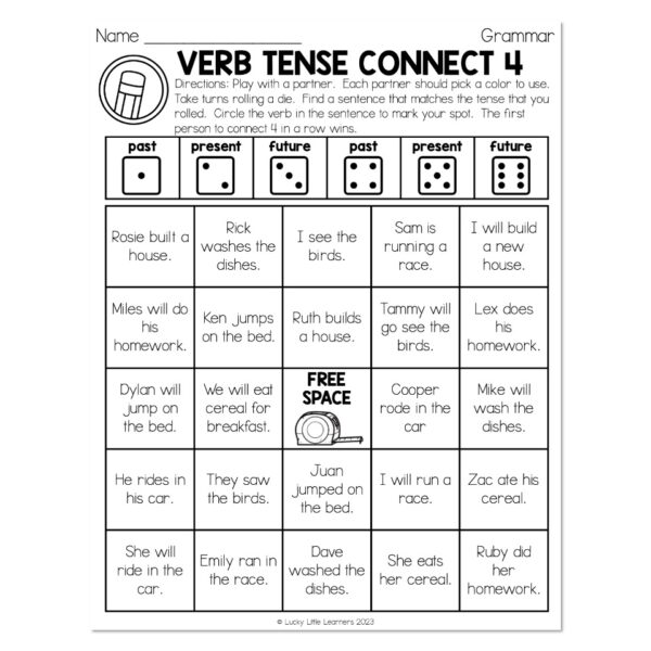 Sub Plans - End of Year - Grammar - Verb Tense Connect Four - Lucky ...