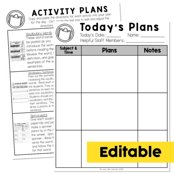 Sub Plans - End of Year - Sub Plans with Instructions - Editable ...
