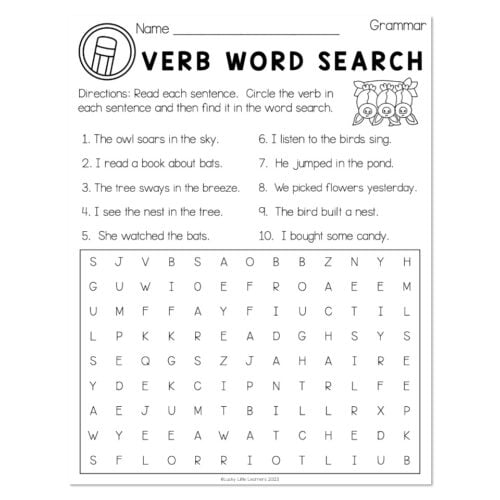 Sub Plans - Beginning of Year - Grammar - Verb Word Search - Lucky ...