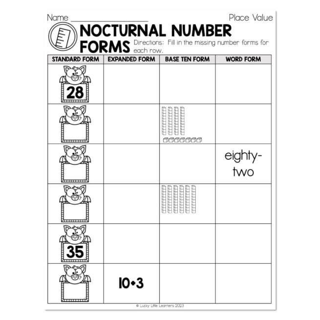 Sub Plans - Beginning of Year - Math - Nocturnal Number Forms - 2-Digit ...