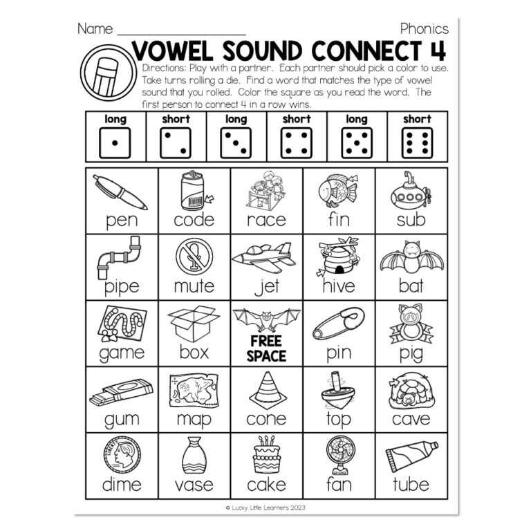 Sub Plans - Beginning of Year - Phonics - Vowel Sound Connect Four ...