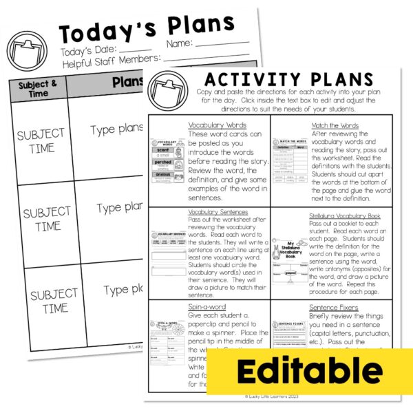 Sub Plans – Beginning of Year – Sub Plans with Instructions – Editable ...