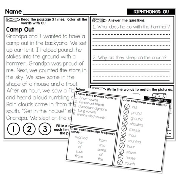 2nd Grade Decodable Phonics Passage - Diphthongs - OU - Lucky Little ...